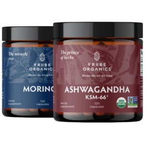 endurance duo: organic ksm-66 ashwagandha + organic moringa - vegan capsules - 2 month supply - reduce stress fatigue tension worry laziness - boost energy immunity performance memory focus