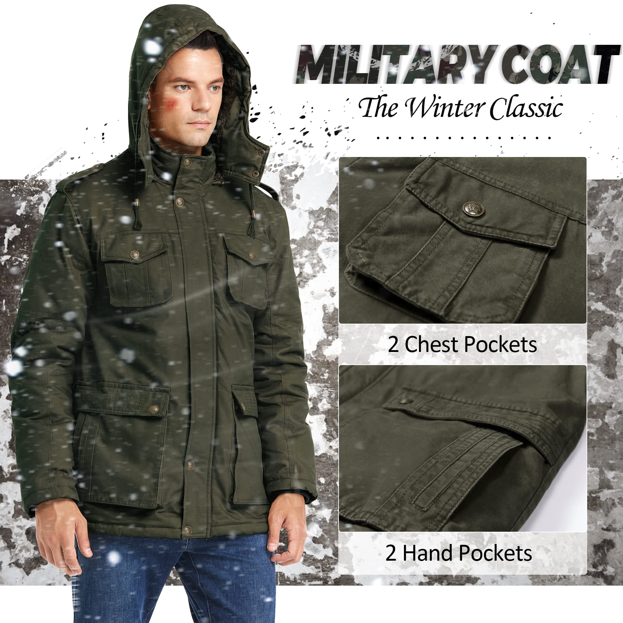 JYG Men's Winter Thicken Coat Casual Military Parka Jacket with Removable Hood (XX-Large, Army)