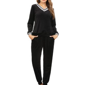 Irevial Track Suits for Women, Ladies V Neck Long Sleeve Crushed Velvet Tops Casual Sweatsuit Sets Jogging Pant with Pockets Elastic 2 Piece Outfits Black M