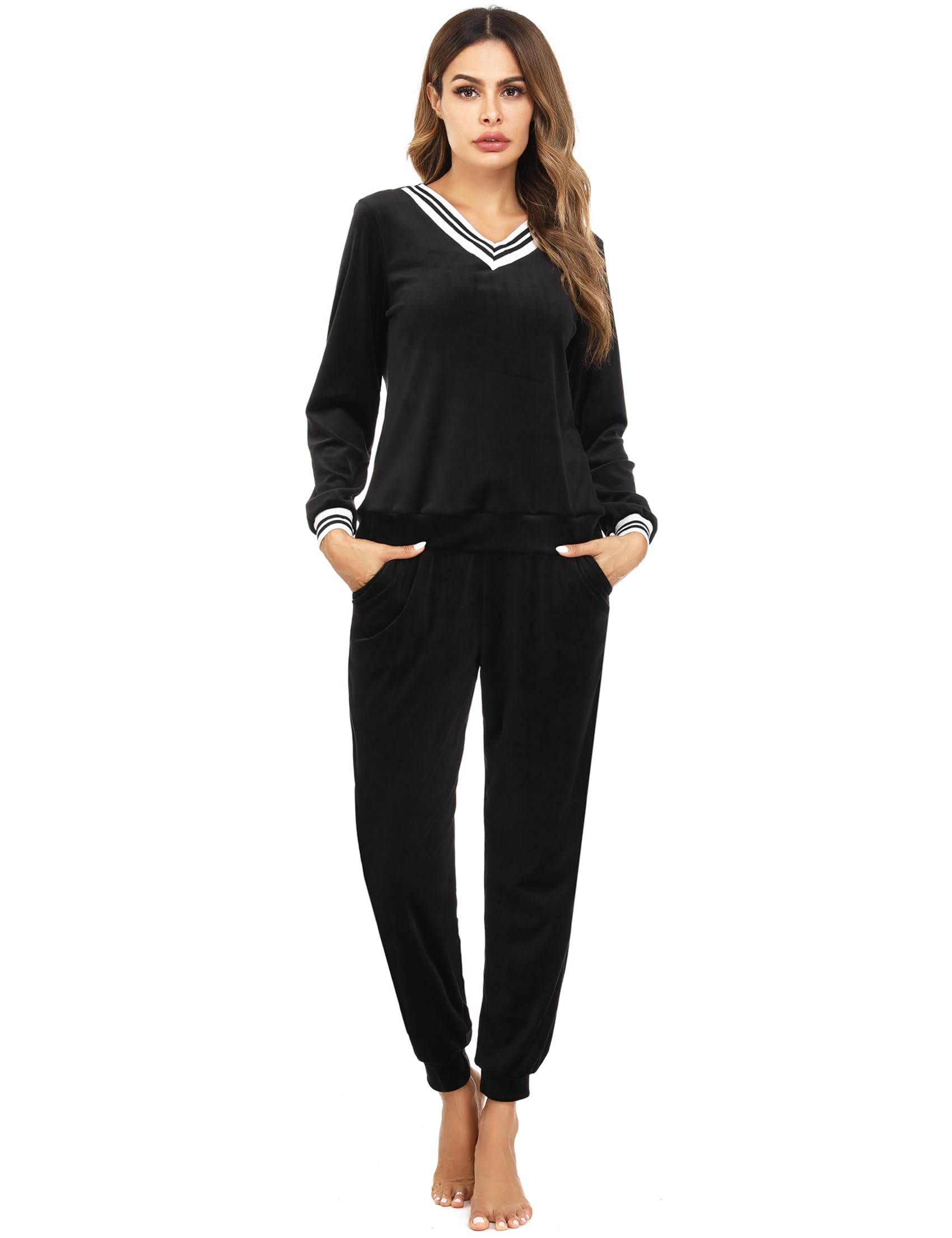 Irevial Track Suits for Women, Ladies V Neck Long Sleeve Crushed Velvet Tops Casual Sweatsuit Sets Jogging Pant with Pockets Elastic 2 Piece Outfits Black M