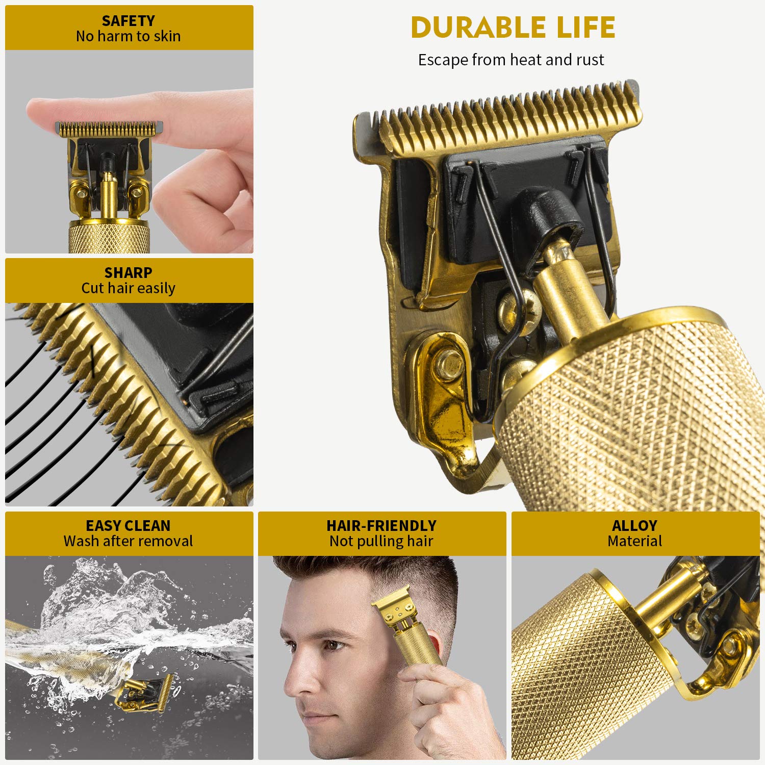 Professional Electric Pro Li Outliner, 0mm Baldheaded Hair Clippers for Men Barber Grooming Cordless Rechargeable Close Cutting T-Blade Trimmer Haircutting Beard Shaver Barber (Gold)