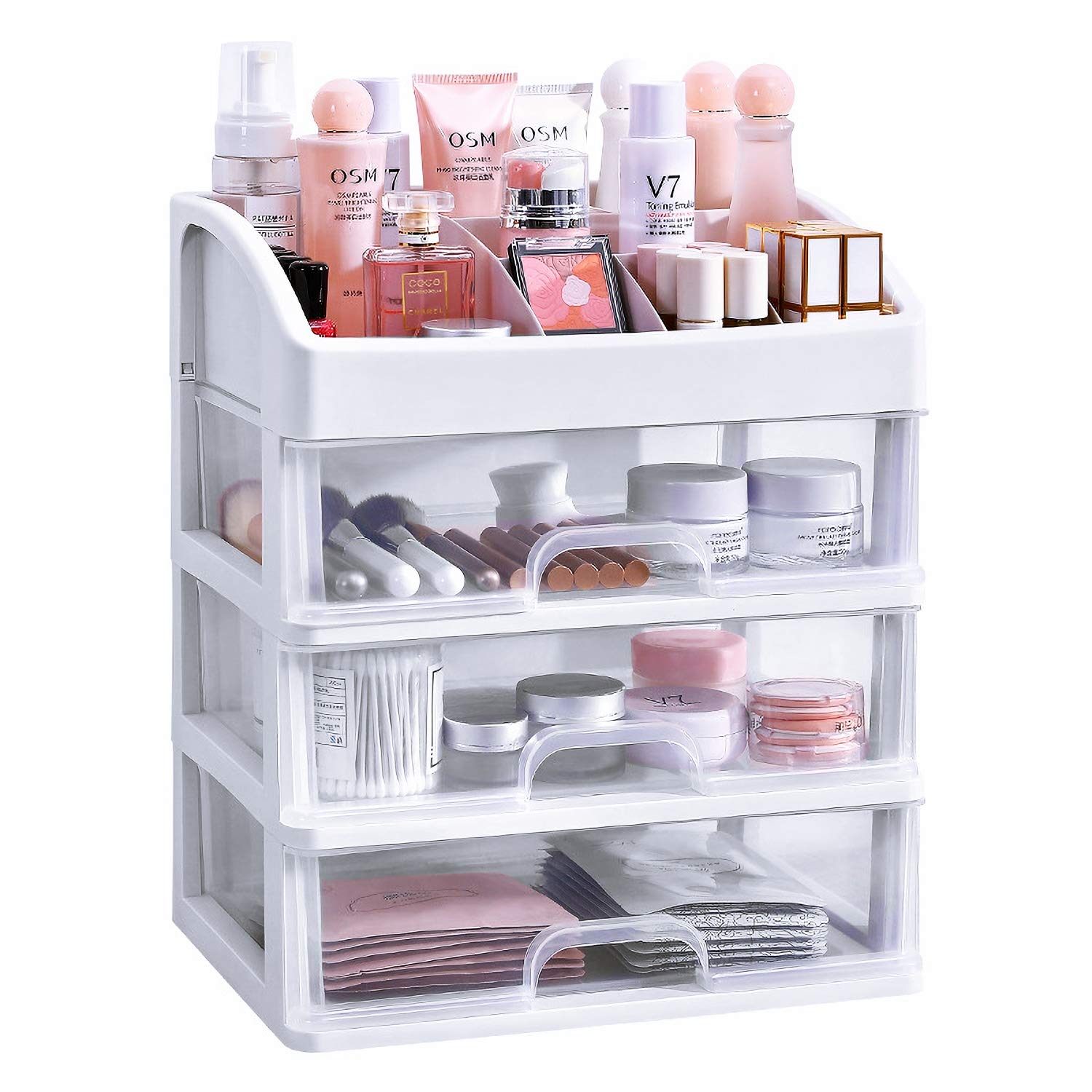 Simbuy Makeup Organizer with 3 Drawers, Bathroom Vanity Countertop Storage for Cosmetics, Brushes, Lotion, Nail Lipstick and Jewelry (White)