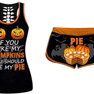 Balaflyie Women 2 Piece Halloween Clothes If You Like My Pumpkins You Should See My Pie Tank Top + Funny Shorts Sportwear Tracksuits (Orange,Medium)