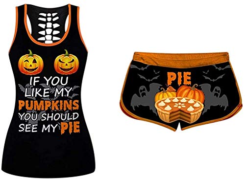 Balaflyie Women 2 Piece Halloween Clothes If You Like My Pumpkins You Should See My Pie Tank Top + Funny Shorts Sportwear Tracksuits (Orange,Medium)