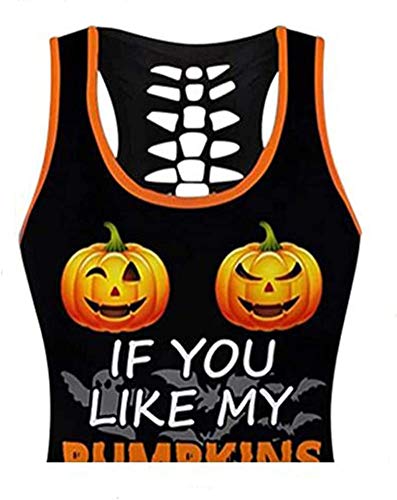 Balaflyie Women 2 Piece Halloween Clothes If You Like My Pumpkins You Should See My Pie Tank Top + Funny Shorts Sportwear Tracksuits (Orange,Medium)