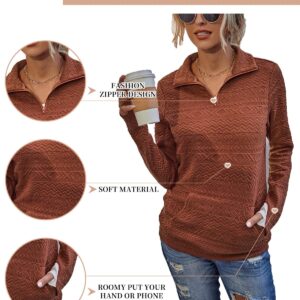 LANREMON Women Long Sleeve Sweatshirt Fashion Quilted Pattern Plain Zipper Pullover Sweatshirts Tops with Pockets