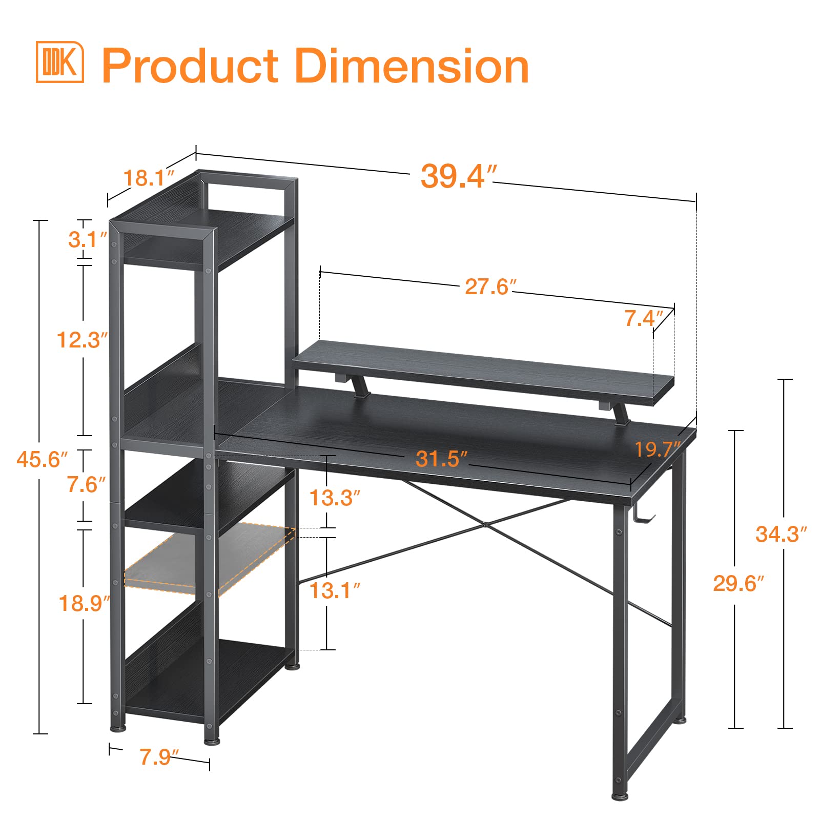 ODK Computer Desk with Storage Shelves, 47 Inch Writing Desk with Bookshelf, Reversible Study Table for Home Office, Small Space Bedroom, Grey Oak