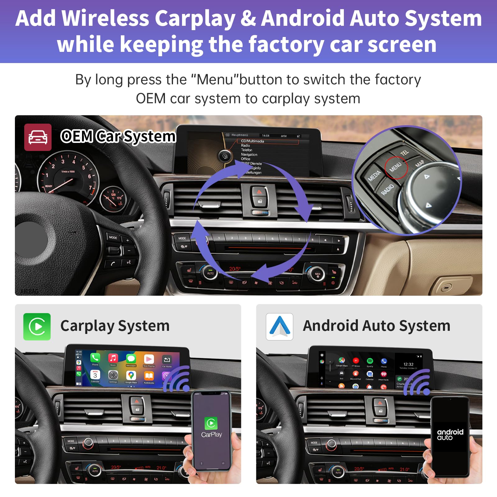 Road Top Wireless Carplay Wireless Android Auto for BMW 1 2 3 4 Series F20 F21 F22 F23 F30 F31 F32 F33 2011-2015 Year with NBT System, Compatible with Apple Carplay Retrofit Kit Decoder