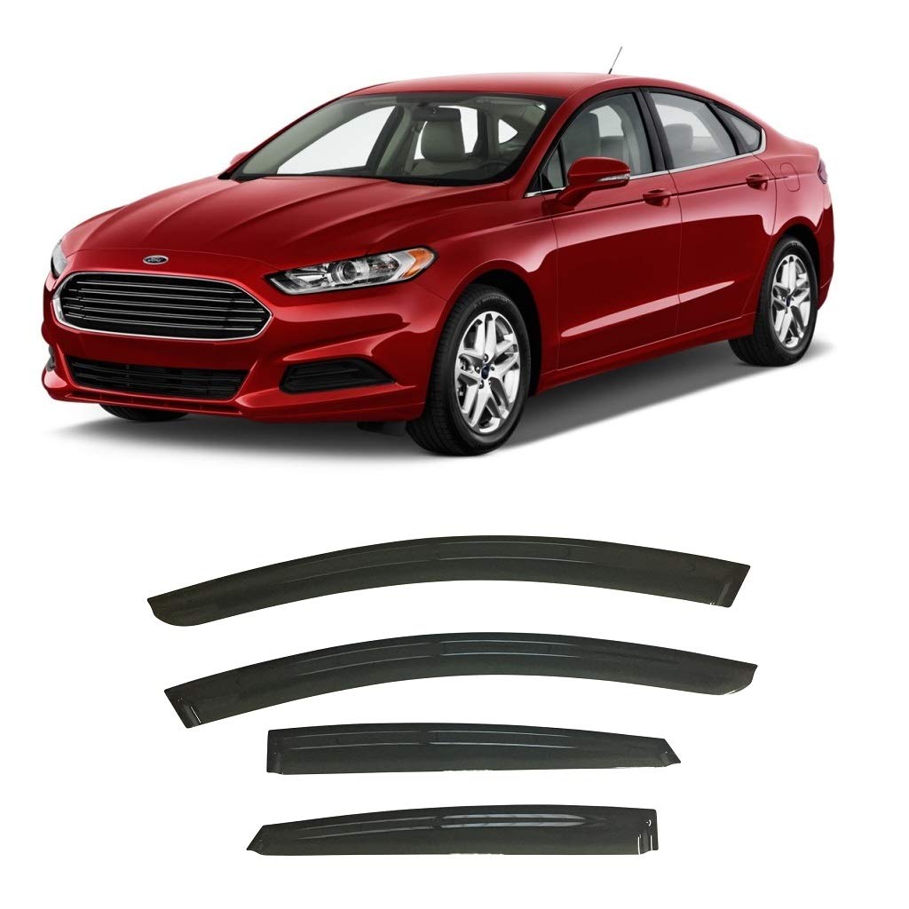 2013-2020 Tape-On Side Window Visor Deflectors for Ford Fusion S SE SEL Titanium Hybrid Smoke Tinted Rain Guards 2014 2015 2016 2017 2018 2019