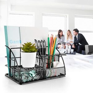 AUPSEN Desk Organizer, Mesh Office Supplies Desk Accessories, Features 5 Compartments + 1 Mini Sliding Drawer(Black)