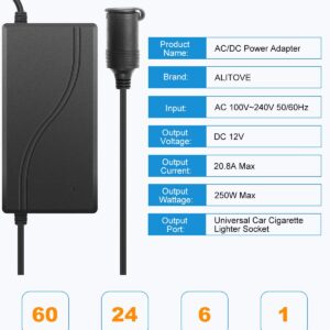 ALITOVE AC to DC Converter 110V to 12V Converter 20.8A 250W with Car Cigarette Lighter Socket 100V~240V AC to DC 12 Volt 20A 18A 15A Power Supply Adapter for Car Refrigerator Tire Inflator Cleaner