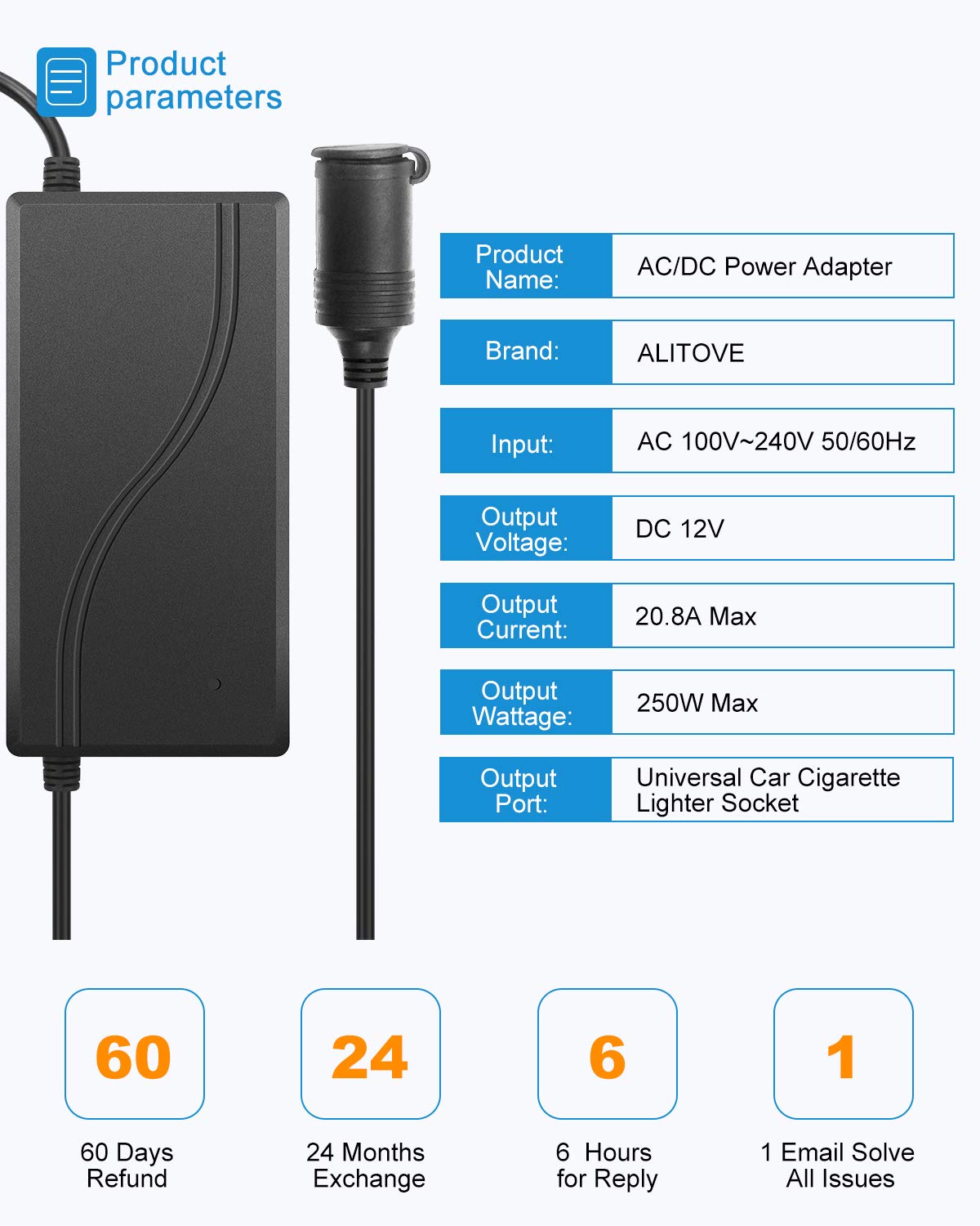 ALITOVE AC to DC Converter 110V to 12V Converter 20.8A 250W with Car Cigarette Lighter Socket 100V~240V AC to DC 12 Volt 20A 18A 15A Power Supply Adapter for Car Refrigerator Tire Inflator Cleaner