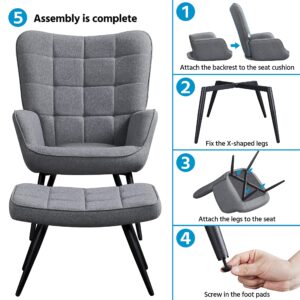 Topeakmart Accent Chair with Ottoman Set Upholstered Living Room Chair Fabric Arm Chair with Foot Rest Sofa Chair and Ottoman Set for Living Room Bedroom Office Grey