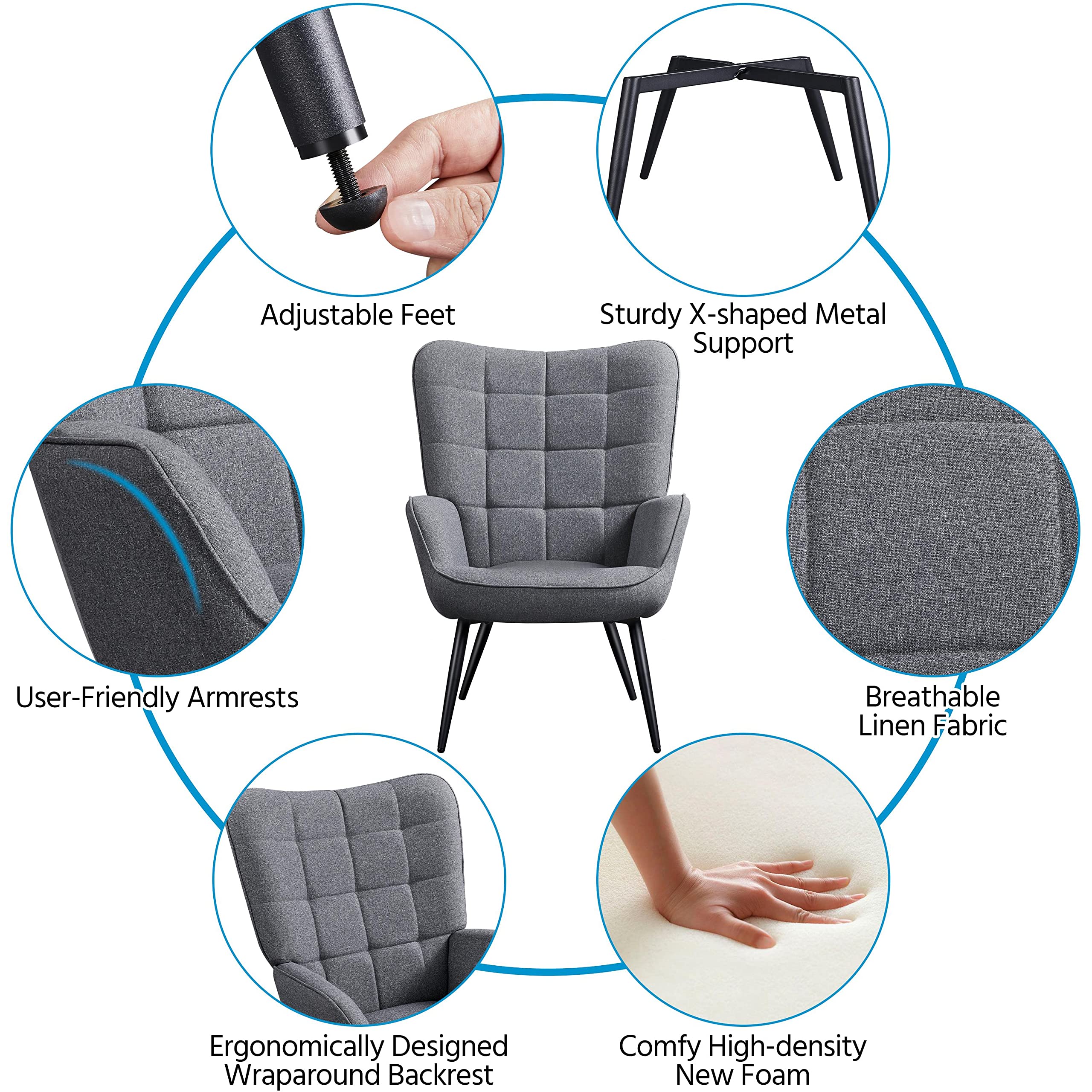 Topeakmart Accent Chair with Ottoman Set Upholstered Living Room Chair Fabric Arm Chair with Foot Rest Sofa Chair and Ottoman Set for Living Room Bedroom Office Grey