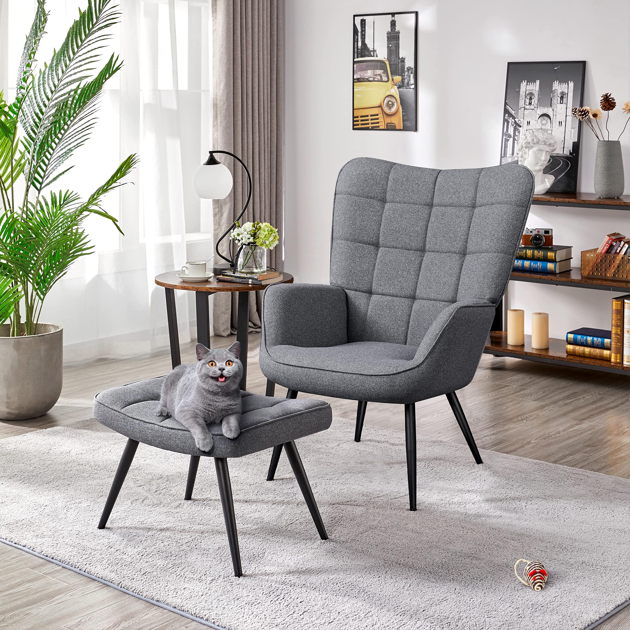 Topeakmart Accent Chair with Ottoman Set Upholstered Living Room Chair Fabric Arm Chair with Foot Rest Sofa Chair and Ottoman Set for Living Room Bedroom Office Grey