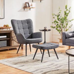 Topeakmart Accent Chair with Ottoman Set Upholstered Living Room Chair Fabric Arm Chair with Foot Rest Sofa Chair and Ottoman Set for Living Room Bedroom Office Grey