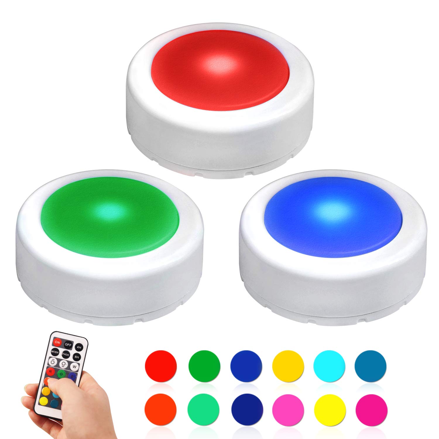 Novelty Place LED Puck Light with Remote Control - Under Cabinet Lighting - Battery Operated Dimmable Tap Lights -12 Color Changing Adhesive Sticky Night Light with Timer (3 Pack)