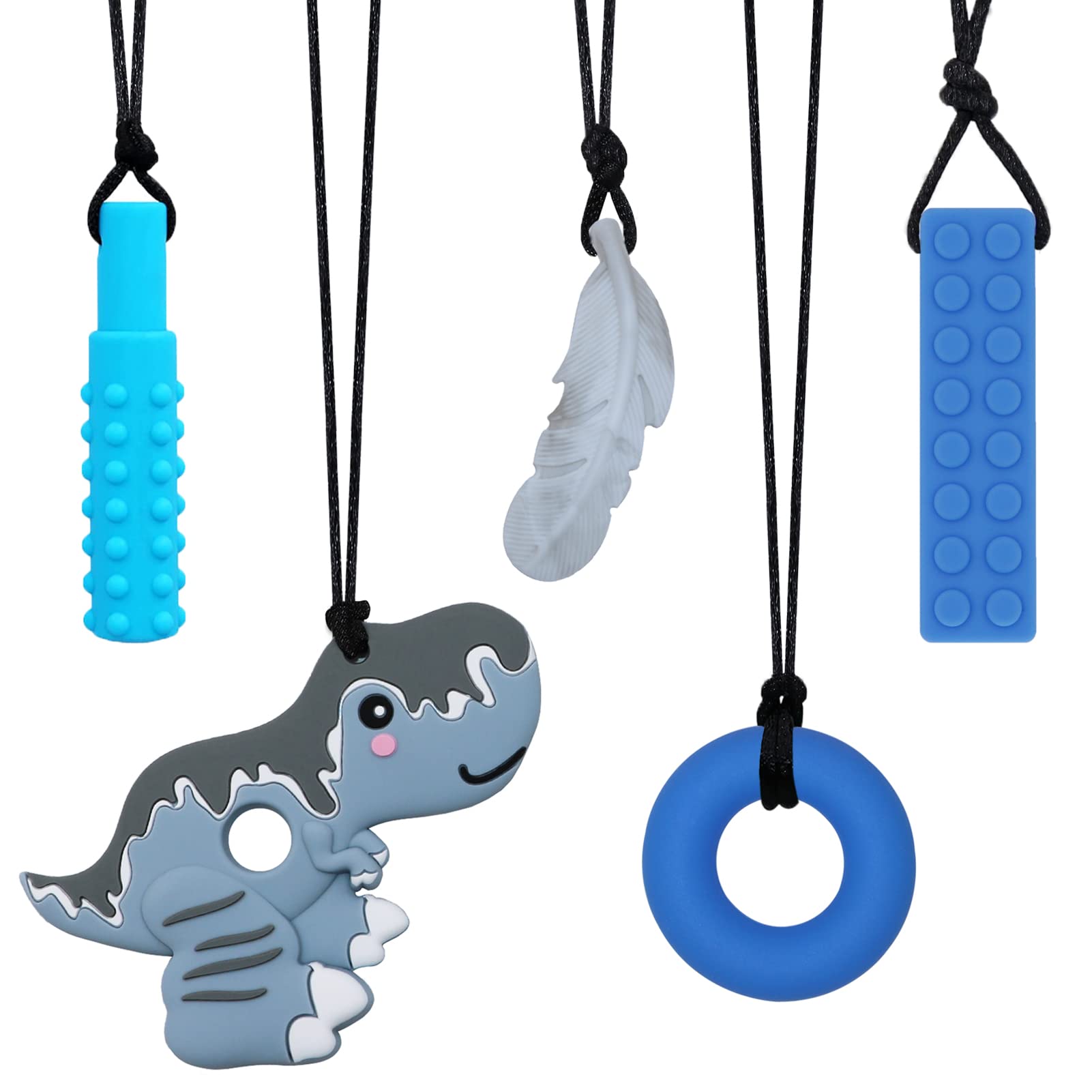 Chew Necklaces for Sensory Boys, Chewy Necklace Sensory Kids with ADHD, SPD, Teething, Biting Needs, Silicone Chew Toys for Autism Kids Reduce Fidget, Toddler Adult Chew Necklace 5 Pack (Grey)