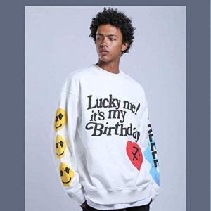 Arnodefrance Men It’t My Birthday Sweatshirts Graphic Printing Hip Hop Rapper Sweatshirt Cotton Long Sleeve Pullover White