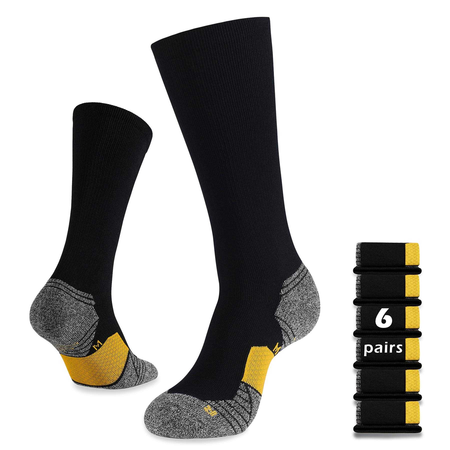 WANDER 6 Pairs Men's Athletic Run Cushion Over-the-Calf Tube Socks (6 pairs Yellow, XL:Shoe Size:12-14)