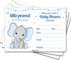 30 baby shower invitations for boy with envelopes (30 pack) - elephant - baby boy shower invite cards - fits perfectly with blue elephant baby shower decorations and supplies for boys