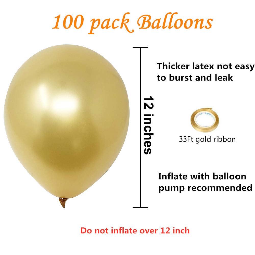 Bezente Gold Metallic Chrome Latex Balloons, 100 Pack 12 inch Gold Round Helium Balloons for Wedding Graduation Anniversary Baby Shower Birthday Party Decorations