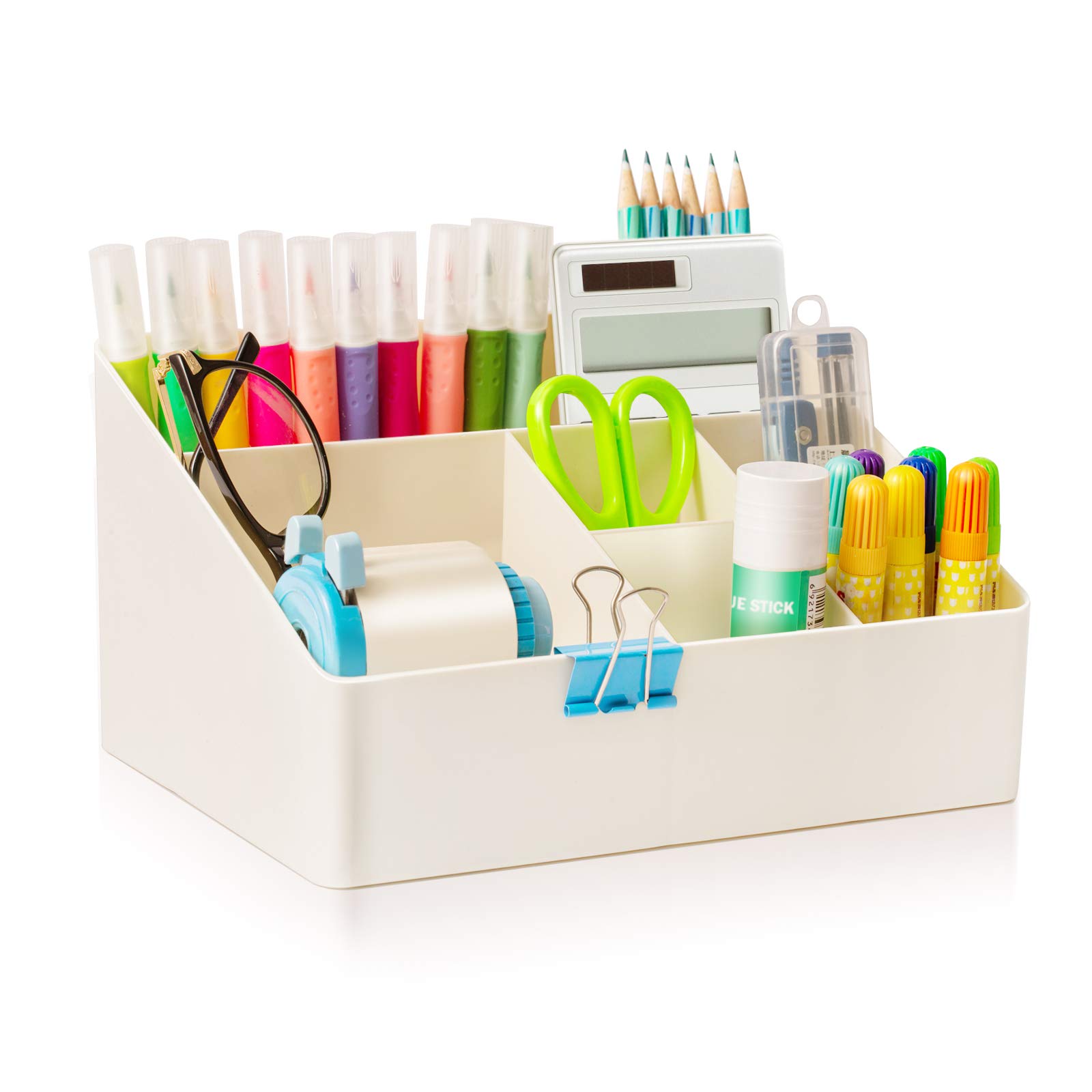 Desk Organizer, Desktop Organizers and Accessories with Pencil Holder, School Supplies Caddy Storage or Pen Holders, Teacher Office, Classroom, Bathroom,Countertop,Plastic, 6 Compartments, White