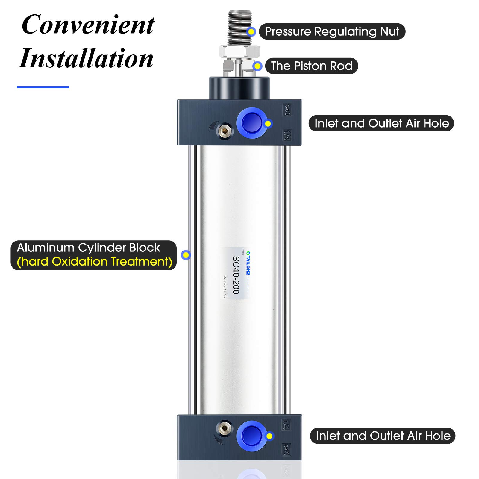 TAILONZ PNEUMATIC Air Cylinder SC 40 X 200 Bore: 40mm Stroke: 200mm Screwed Piston Rod Dual Action