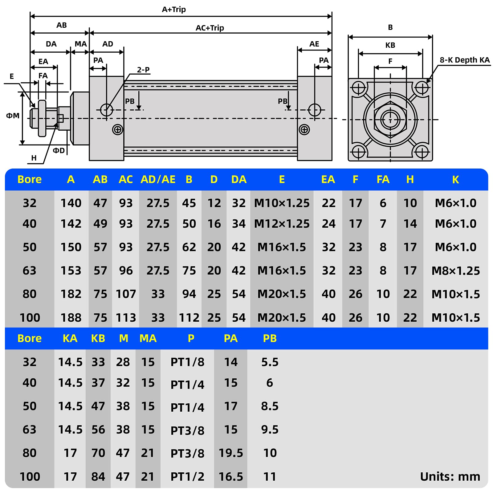 TAILONZ PNEUMATIC Air Cylinder SC 40 X 200 Bore: 40mm Stroke: 200mm Screwed Piston Rod Dual Action