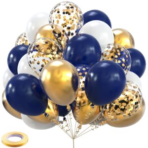 navy blue and gold confetti balloons, 60 pcs 12 inch pearl white and gold metallic chrome party latex balloon with 33 ft gold ribbon for birthday,wedding and celebration graduation decoration