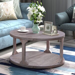 p purlove round rustic coffee table, wood storage shelf for living room with dusty wax coating 35.4 inch, grey wash