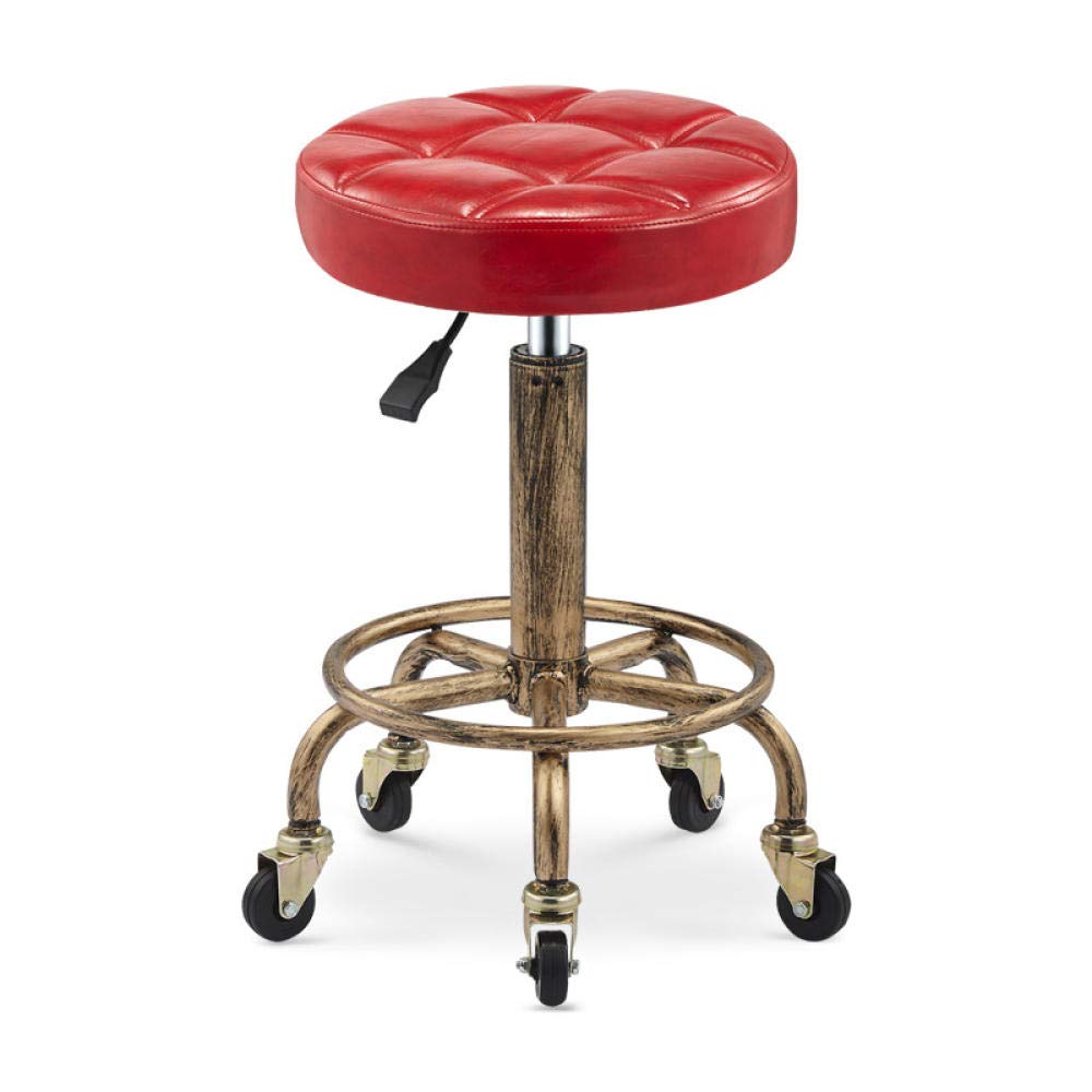 Beauty Salon Stool with Wheels，Beauty Bed Stool with Red PU Synthetic Leather Seat，Adjustable Height 50-64 cm，Supported Weight 160 Kg，Tattoo Stool Chairfor Home Office Stationery and Organisation Or