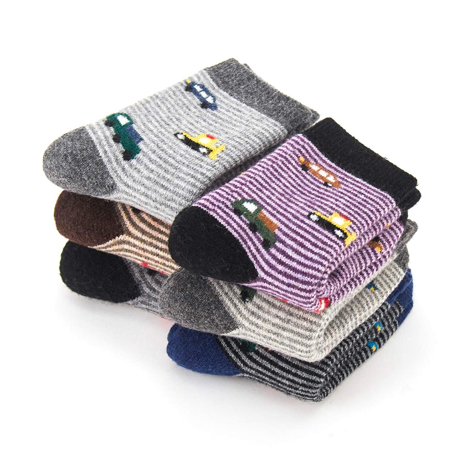 Mardonskey Big Kids Winter Warm Socks Boys Wool Socks Thick Thermal Crew Socks for Boys Car 6 Pairs 8-10 Years