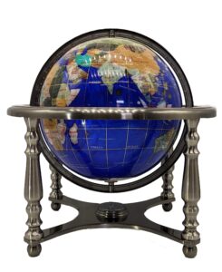 limited edition! unique art since 1996 blue pearl swirl table top gemstone world globe with silver zinc alloy stand (220mm/9 inches 4 leg/blue pearl ocean)