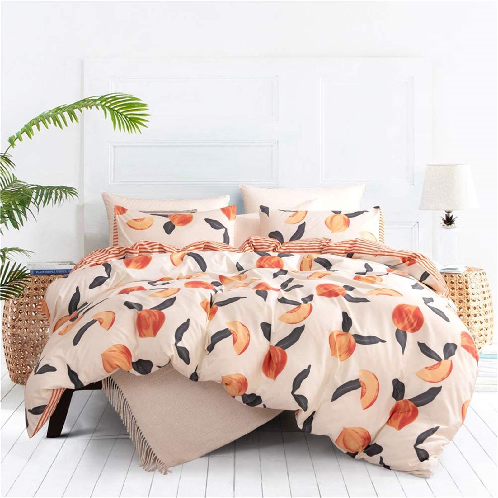 Peach Bedding Cute Queen Duvet Cover Set Soft Striped Duvet Cover with 1 Duvet Cover and 2 Pillowcases（Peach Queen）