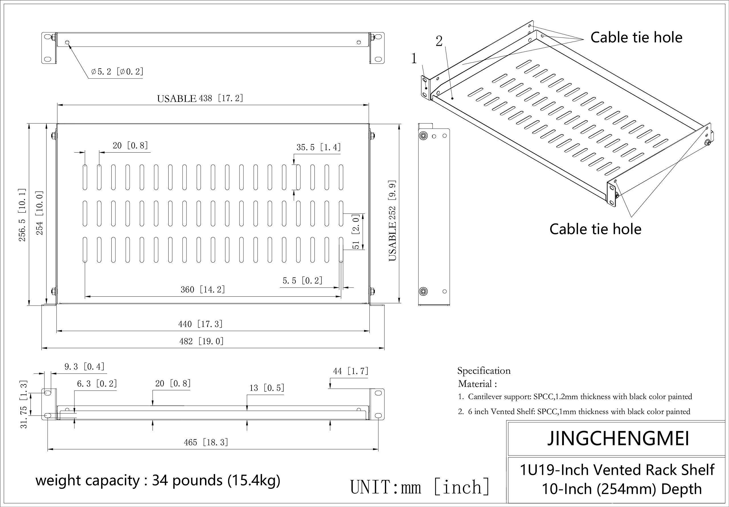 Jingchengmei 2 Pack of 1U Disassembled Vented Cantilever Server Rack Mount Shelf 10" (254mm) Deep for 19" Network Cabinet or Equipment Rack (10V2PC)