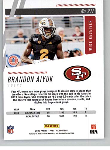 2020 Panini Prestige Football #211 Brandon Aiyuk RC Rookie Card San Francisco 49ers Official NFL Trading Card From Panini America