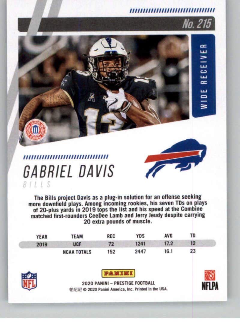 2020 Panini Prestige Football #215 Gabriel Davis RC Rookie Card Buffalo Bills Official NFL Trading Card From Panini America