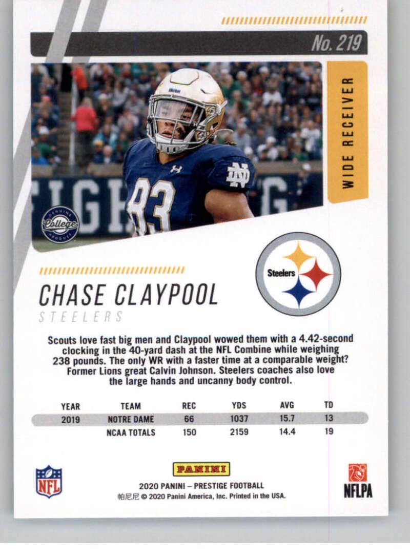 2020 Panini Prestige Football #219 Chase Claypool RC Rookie Card Pittsburgh Steelers Official NFL Trading Card From Panini America