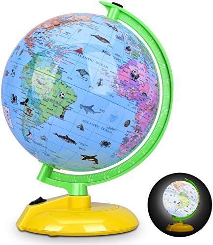 8" World Globe for Kids with LED Night Light, Small Desktop Globe with Stand, Colorful, Easy-Read, Battery Powered, Globe Map Learning Tool Educational Gift for Students