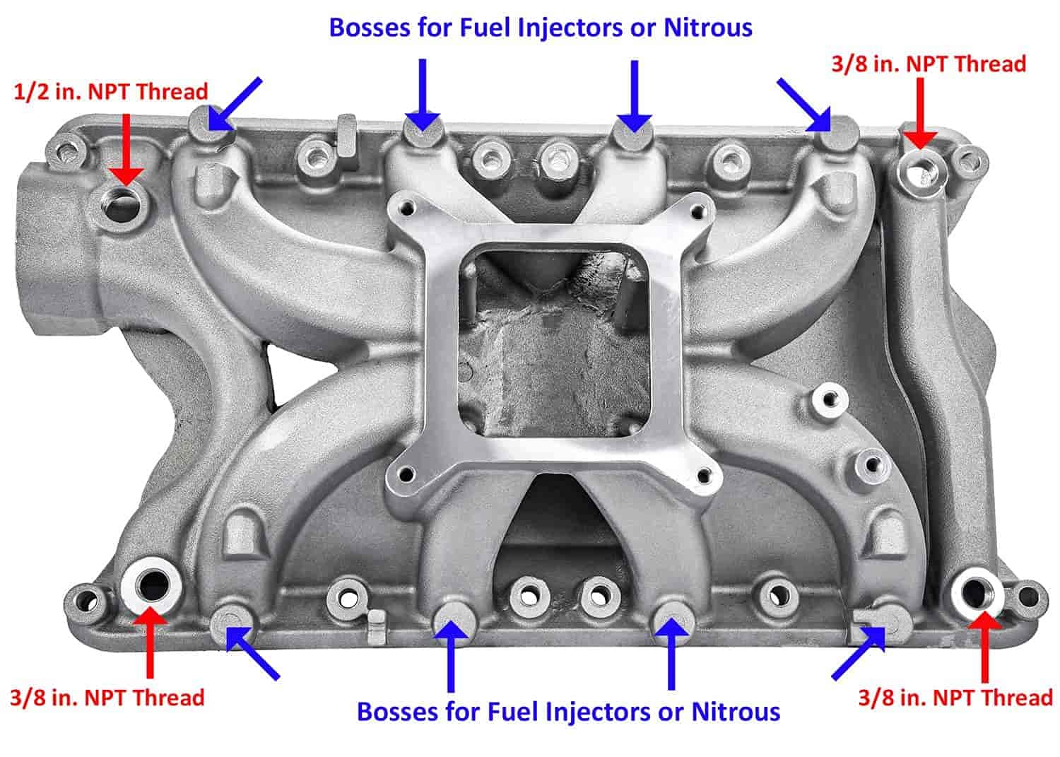 JEGS Intake Manifold for 1969-1996 Small Block Ford 351 Windsor - Hi-Rise, Single Plane, Open Plenum - Square Bore 4150/4160 Flange - 5.68” Carb Pad Height - 3500-8000 RPM