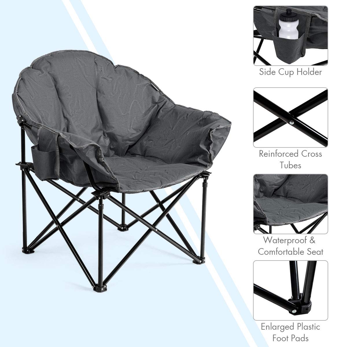 Giantex Portable Camping Chair, Moon Saucer Chair, Outdoor Folding Chair with Soft Padded Seat, Lawn Chair with Cup Holder and Carry Bag (Grey)