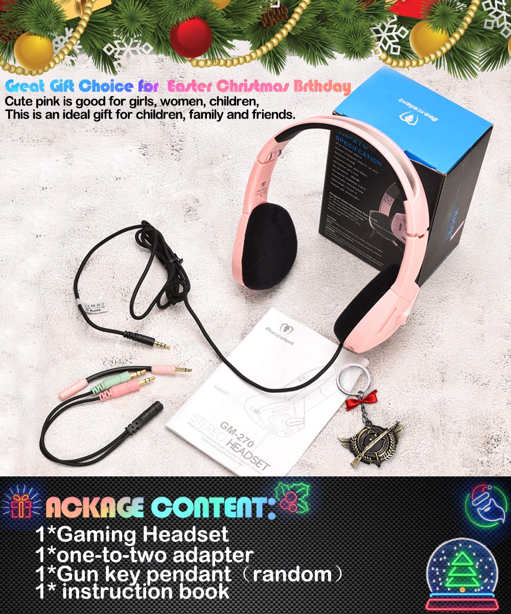 Pink Gaming Headset for Girl, Women, Kids, Teens,Stereo Headphones for PC, PS4, New Xbox One, Smartphones 3.5mm Jack wired kid headset with Detachable Mic,Adjustable Headband, Foldable. (Pink)