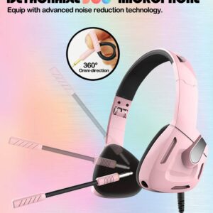 Pink Gaming Headset for Girl, Women, Kids, Teens,Stereo Headphones for PC, PS4, New Xbox One, Smartphones 3.5mm Jack wired kid headset with Detachable Mic,Adjustable Headband, Foldable. (Pink)