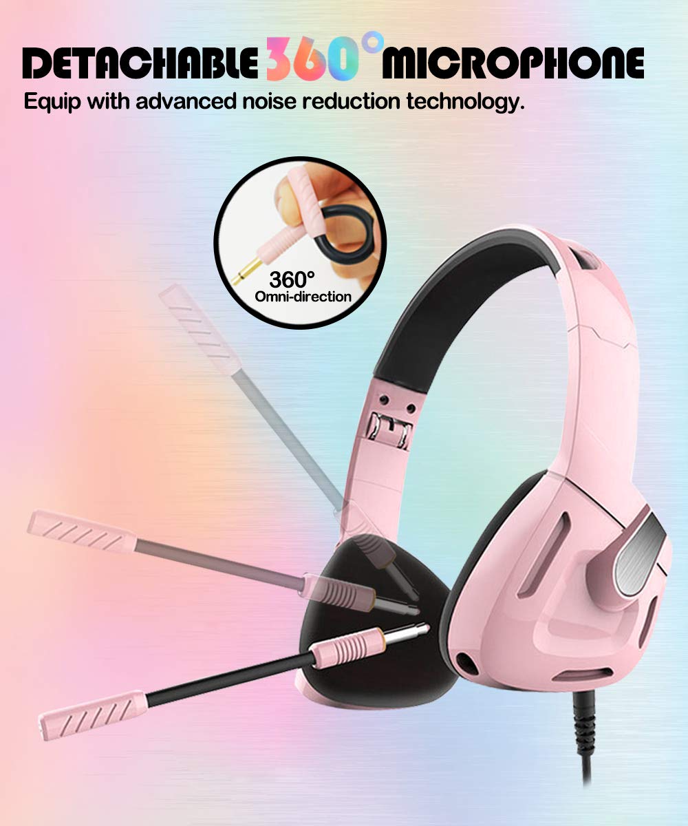 Pink Gaming Headset for Girl, Women, Kids, Teens,Stereo Headphones for PC, PS4, New Xbox One, Smartphones 3.5mm Jack wired kid headset with Detachable Mic,Adjustable Headband, Foldable. (Pink)