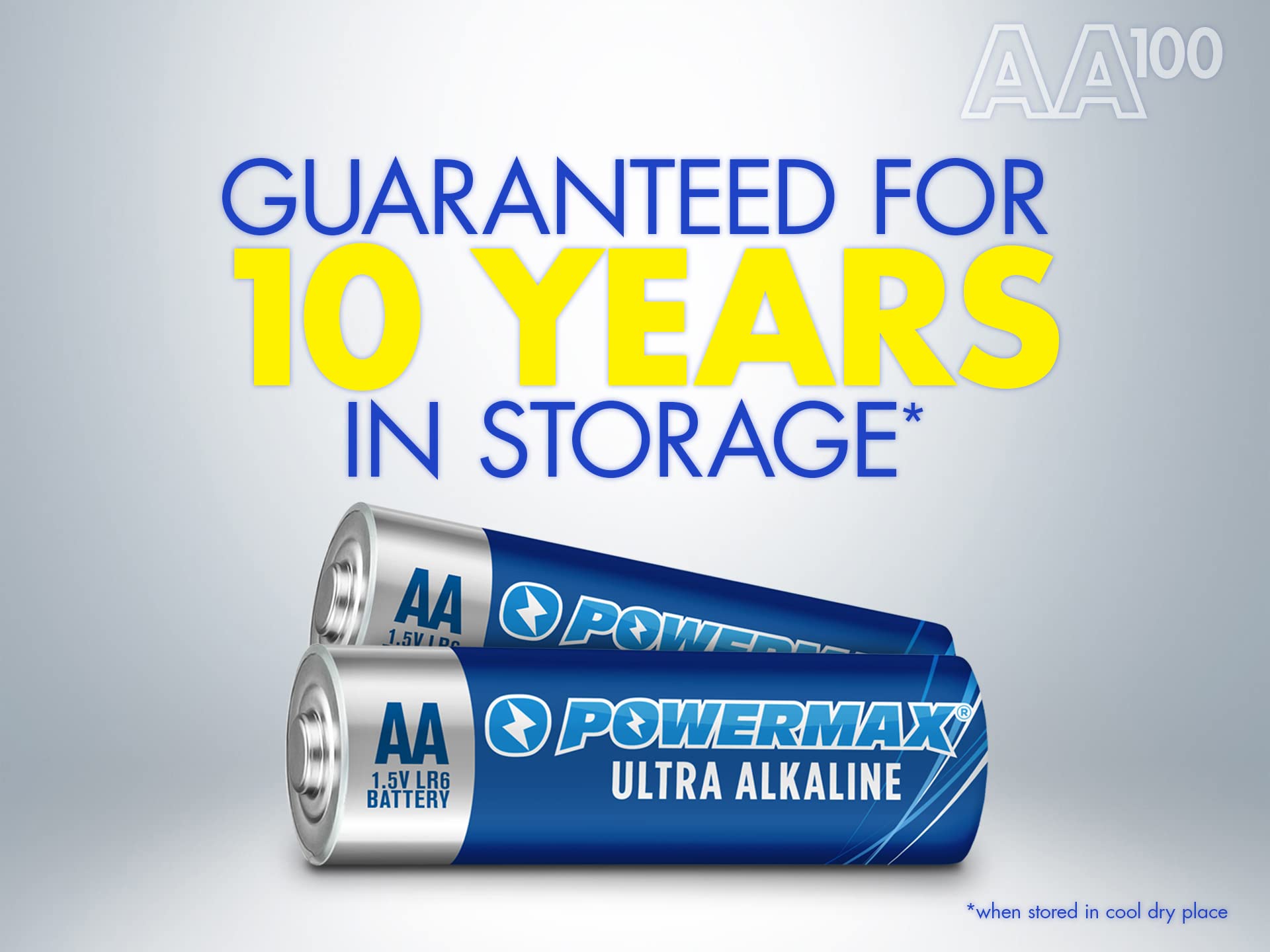 Powermax 100-Count AA Batteries, Ultra Long Lasting Alkaline Battery, 10-Year Shelf Life, Reclosable Packaging