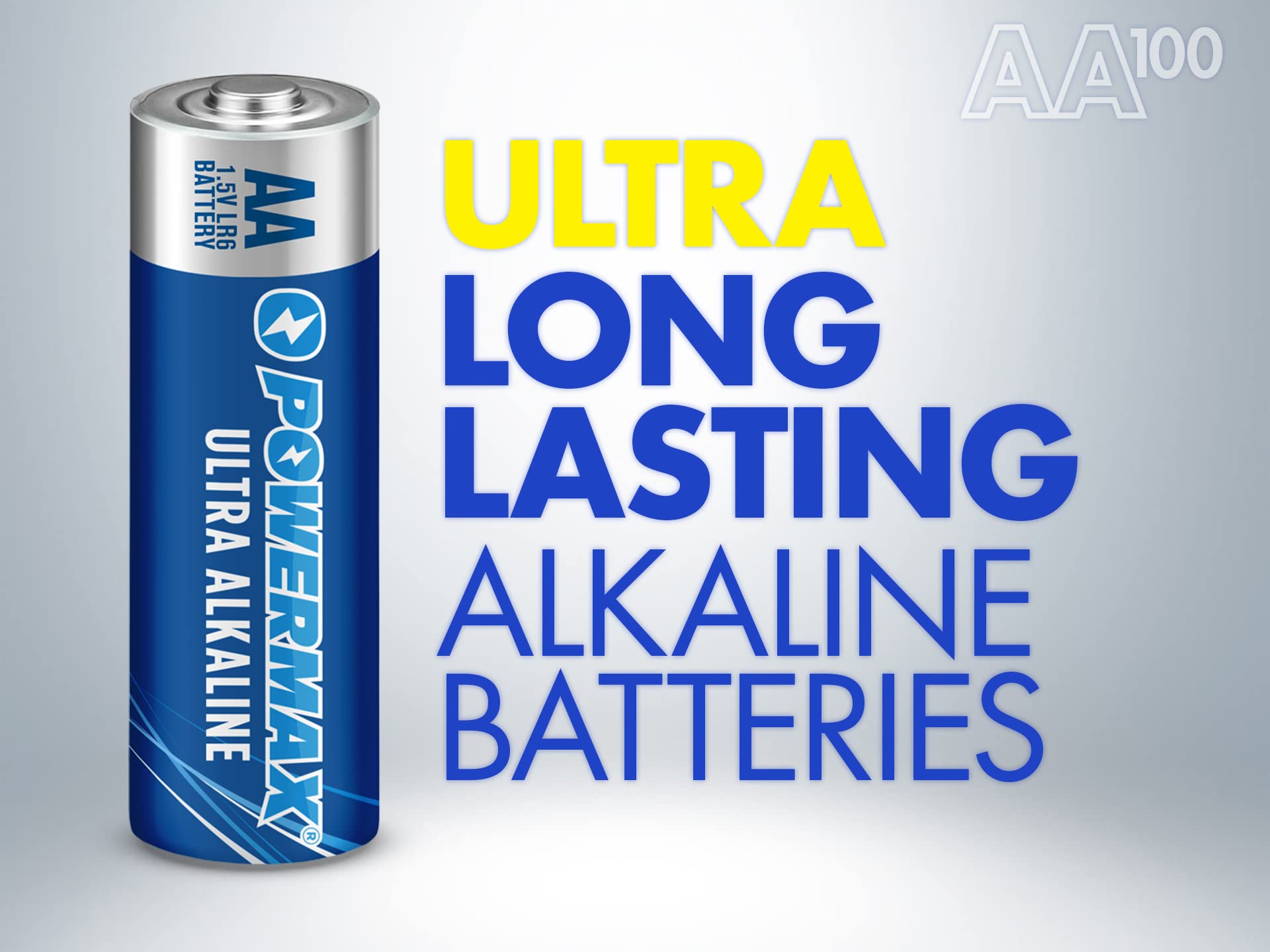 Powermax 100-Count AA Batteries, Ultra Long Lasting Alkaline Battery, 10-Year Shelf Life, Reclosable Packaging