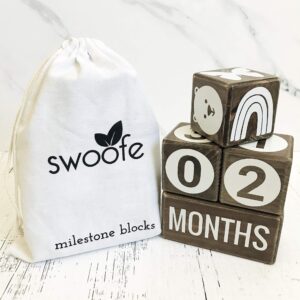 SWOOFE Baby Milestone Age Blocks for Boy or Girl - Non Toxic Natural Rustic Walnut Pine Wood - Milestone Blocks Set - Weekly Monthly First Year Picture Newborn Photography Prop, Perfect Shower Gift