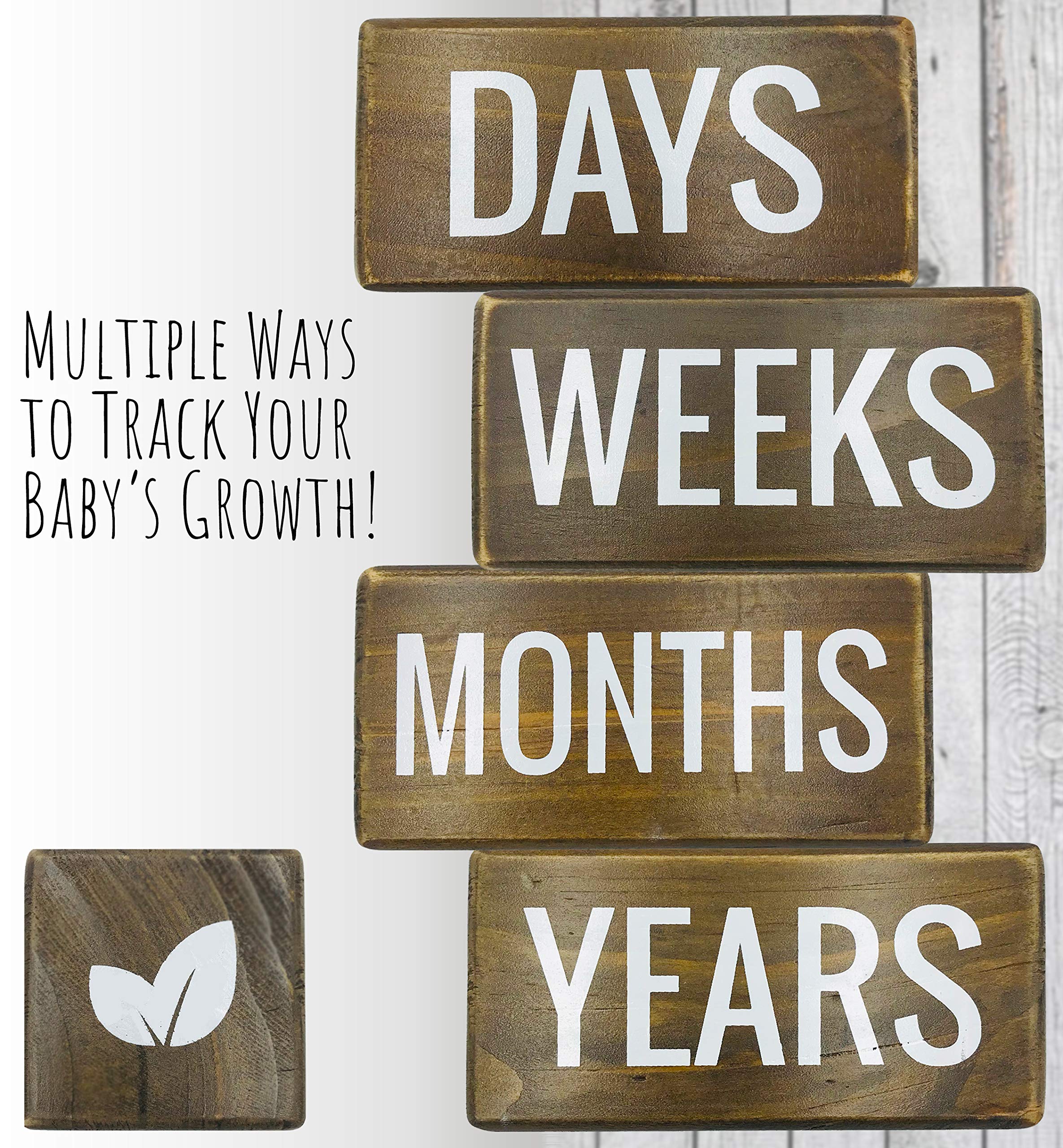 SWOOFE Baby Milestone Age Blocks for Boy or Girl - Non Toxic Natural Rustic Walnut Pine Wood - Milestone Blocks Set - Weekly Monthly First Year Picture Newborn Photography Prop, Perfect Shower Gift