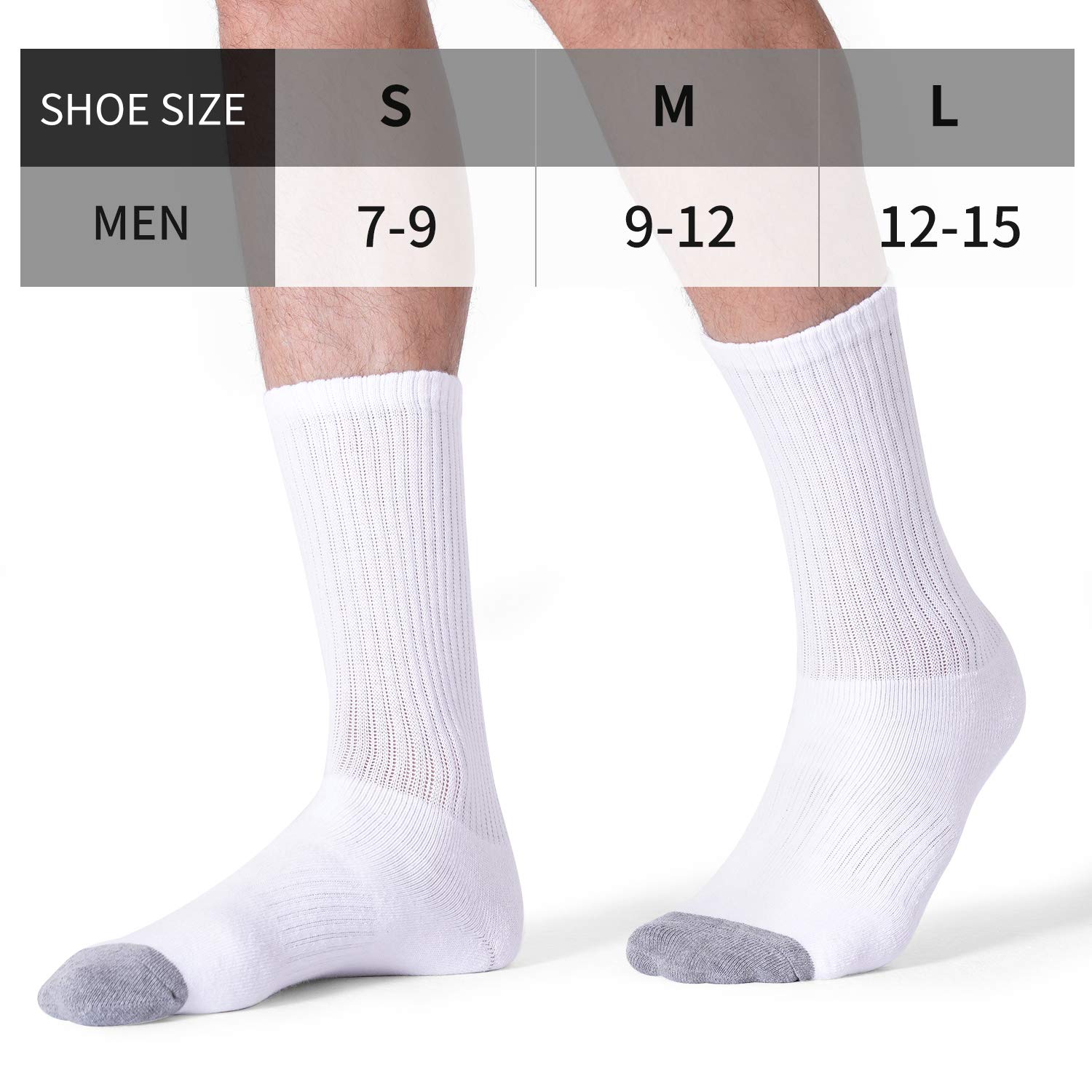 CelerSport 6 Pack Men's Athletic Crew Socks, Work Boot Socks with Full Cushion, White, Shoe Size: 12-15